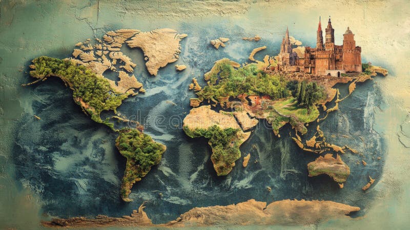 Creative World Map with Photos of Unique Landscapes Stock Illustration ...