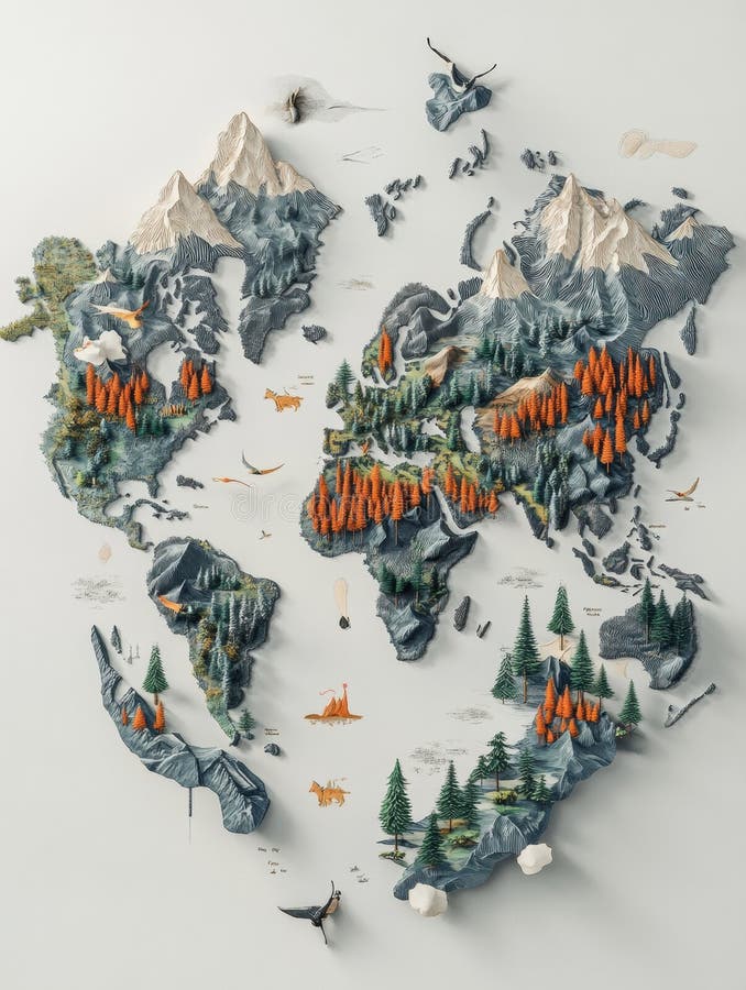 Creative World Map Showcasing Diverse Forest Types and Mountain Chains ...