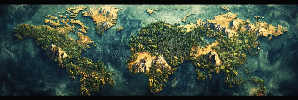 Creative World Map Showcasing Diverse Forest Types, Mountain Chains ...