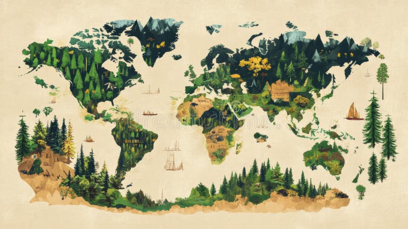Creative World Map Showcasing Diverse Forest Types, Mountain Ranges ...