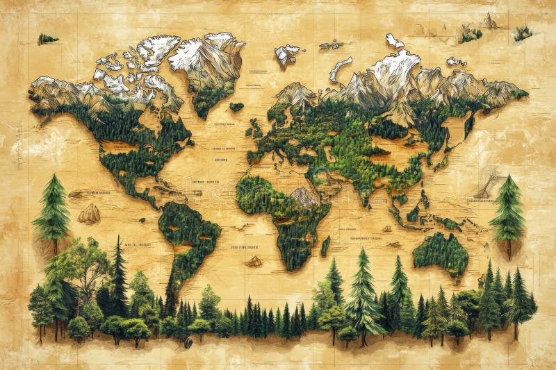 Creative World Map Showcasing Diverse Forests, Mountain Chains, and ...