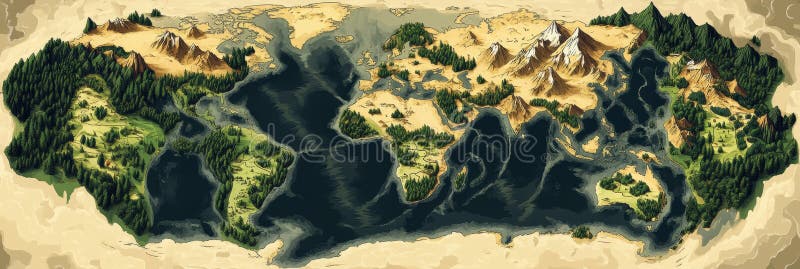 Creative World Map Showcasing Diverse Forests, Mountain Chains, and ...