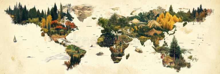 Creative World Map Showcasing Diverse Forests, Mountain Ranges, and ...