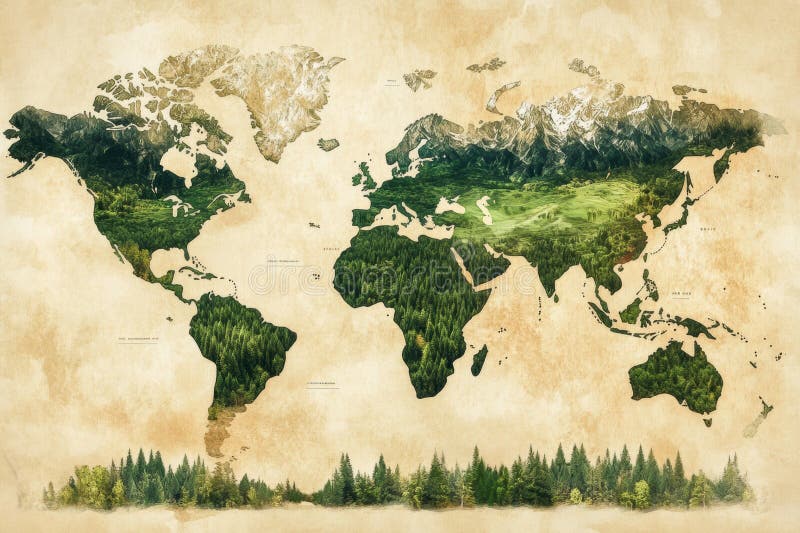 Creative World Map Showcasing Various Forest Types and Mountain Ranges ...