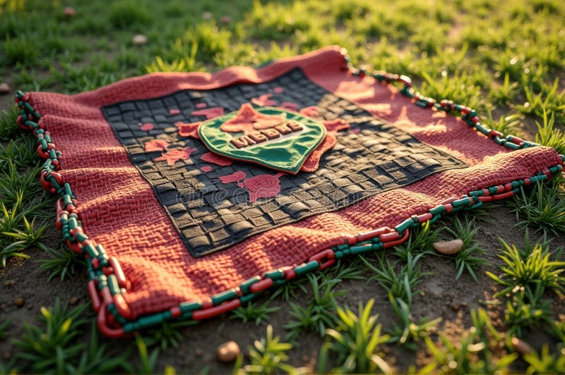 Creative Woven Rug on Grass with Colorful Pattern and Vibe Text in ...