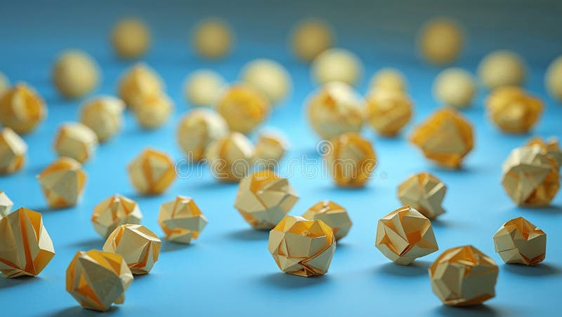 Creative Yellow Crumpled Paper Balls on Blue Color Paper Background for ...
