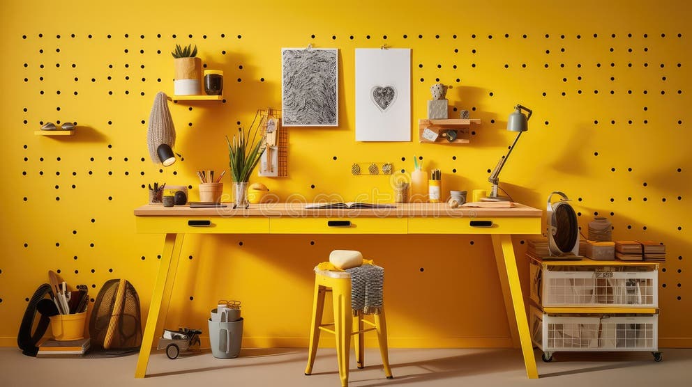 Creative yellow workspace stock illustration. Illustration of playful ...