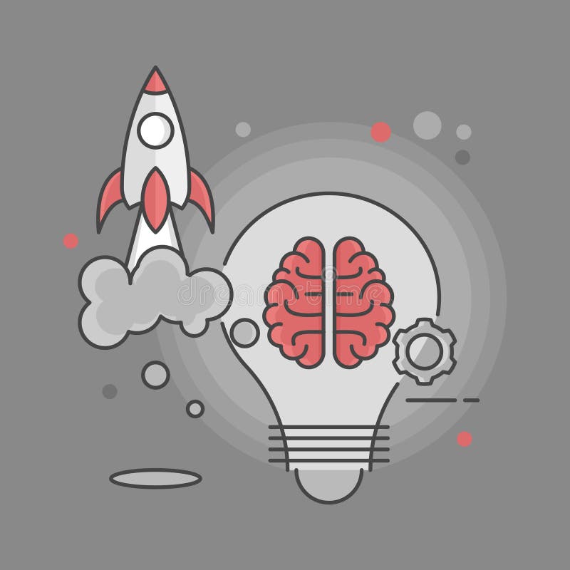 Light Bulb, Human Brain and Rocket Launching Illustration. Concept of ...