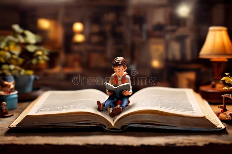 Tiny Bibliophile: Miniature Scene of a Reading Session Stock Photo ...