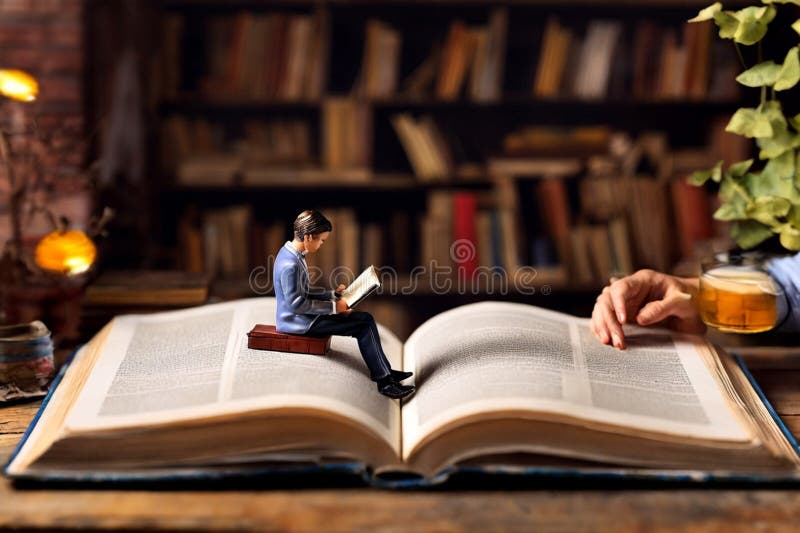 Tiny Bibliophile: Miniature Scene of a Reading Session Stock Image ...