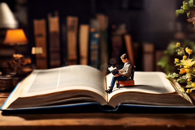 Tiny Bibliophile: Miniature Scene of a Reading Session Stock Photo ...