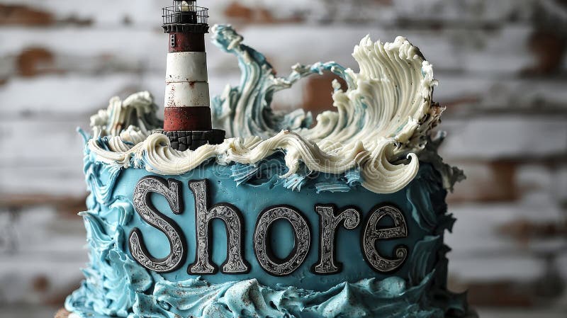 Lighthouse-themed Cake with Ocean Waves Decoration Stock Image - Image ...