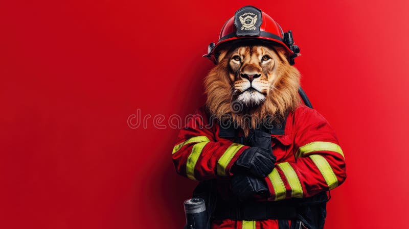 Lion Dressed As a Firefighter in Bold Red Background Stock Illustration ...