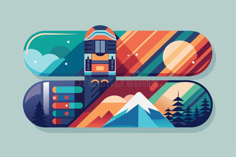 A Creatively Designed Snowboard Showcases a Colorful Mountain Scene ...