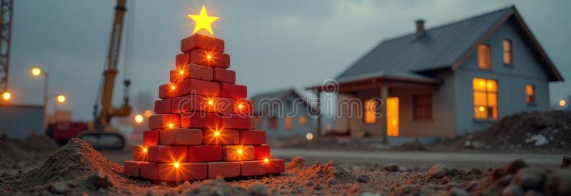 Decorative Brick Christmas Tree Illuminated during Dusk in a ...