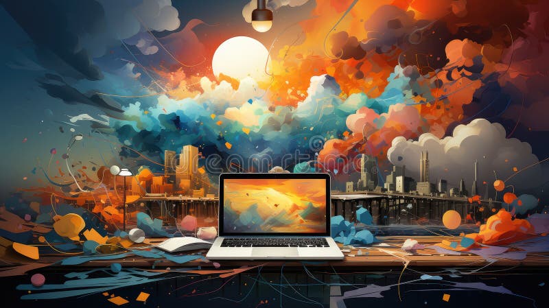 Creativity Concept. Modern Computer with Multi Colored Background ...