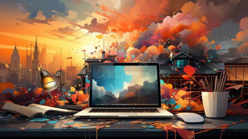 Creativity Concept. Modern Computer with Multi Colored Background ...