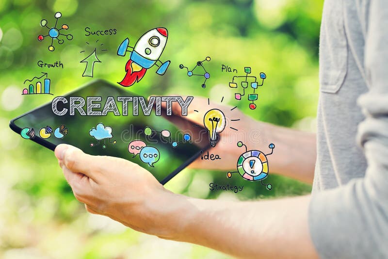 Creativity Concept with Young Man Holding His Tablet Computer Stock ...