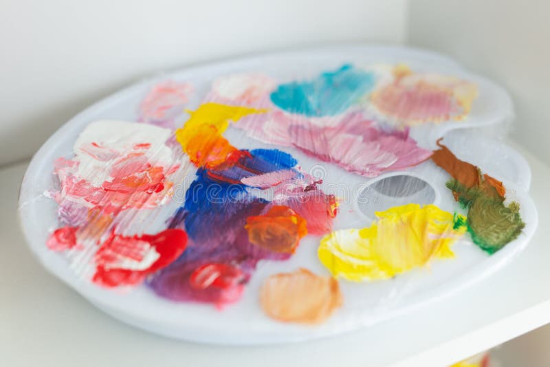 Creativity, Drawing and Hobbies - Palette with Colorful Paints Stock ...