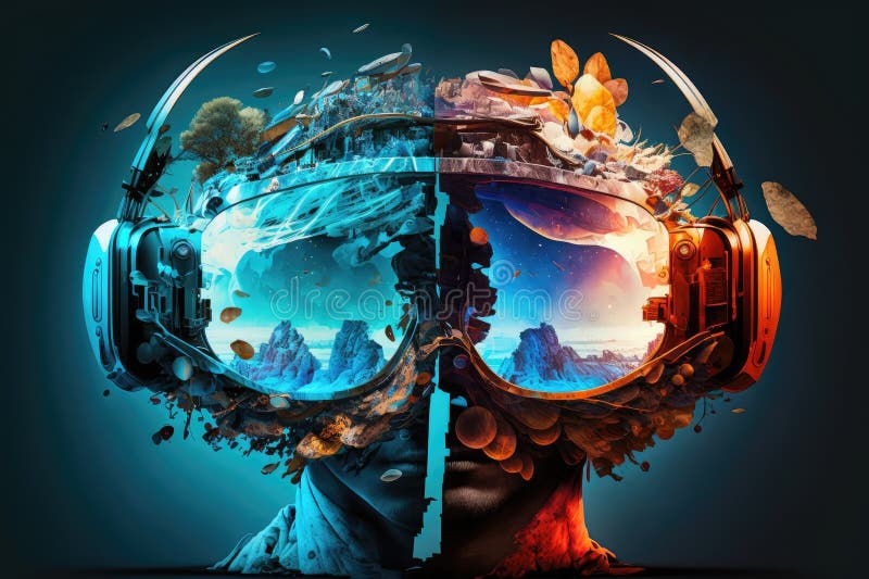 VR Headset, Double Exposure, Metaverse, Futuristic Virtual World, State ...