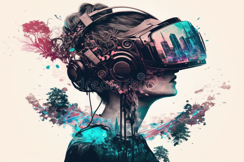 VR Headset, Double Exposure, Metaverse, Futuristic Virtual World, State ...