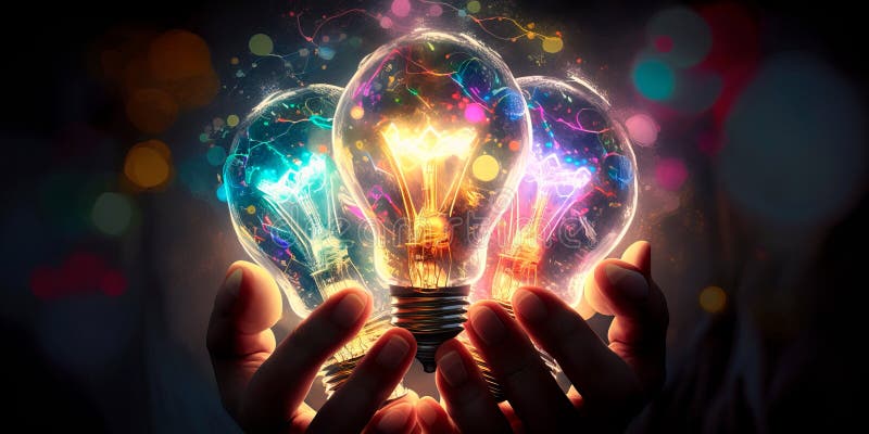 Creativity with Glowing Light Bulbs.Hand Hold Generative AI Stock ...