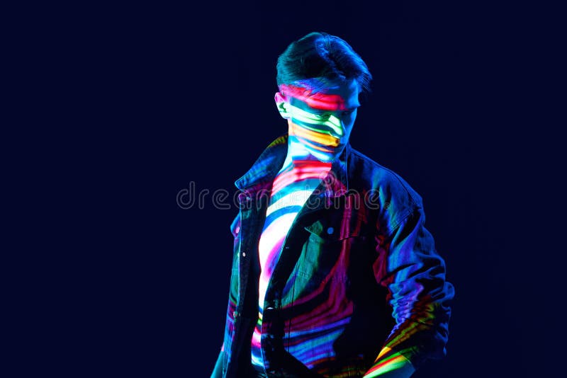 Creativity of Human Being. Handsome Young Guy with Digital Neon Filter ...