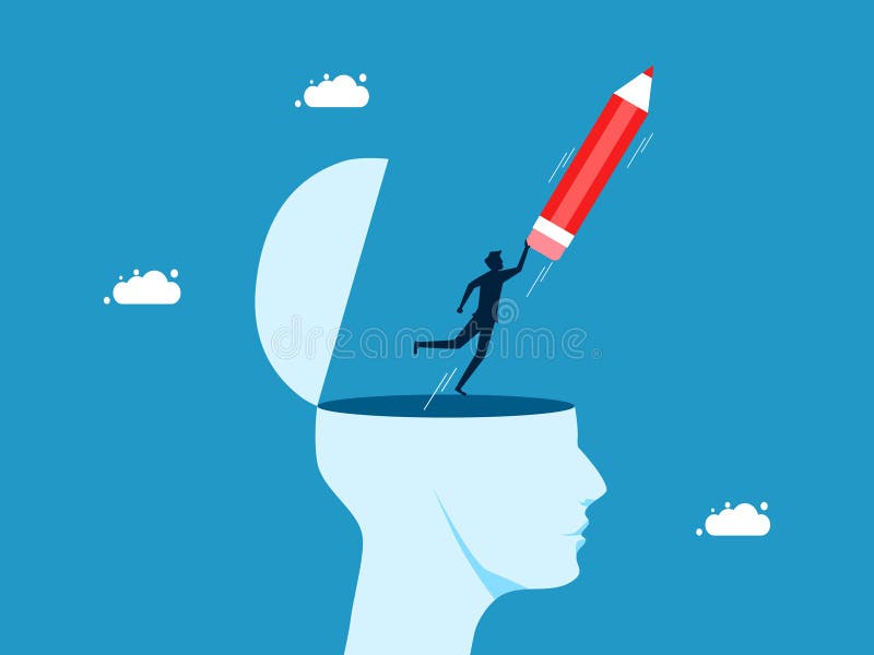 Creativity and Imagination. Man Flying with a Pencil from a Human Head ...