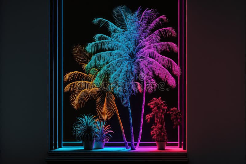 Creativity by Neon Palm Isolated Black Background with Reflective Light ...