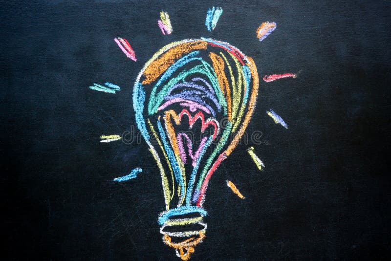 Creativity and New Ideas. Lightbulb Drawn on a Chalkboard with Colorful ...