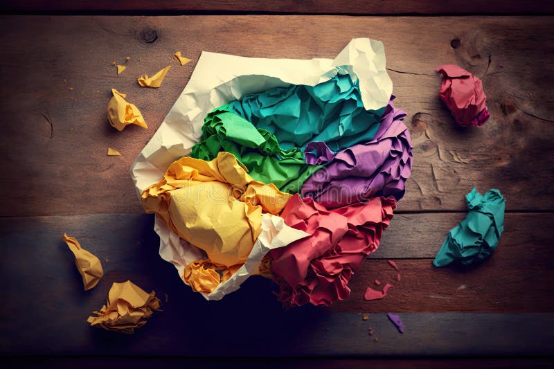 Creativity Process Crumpled Colored Paper on Wooden Background Stock ...