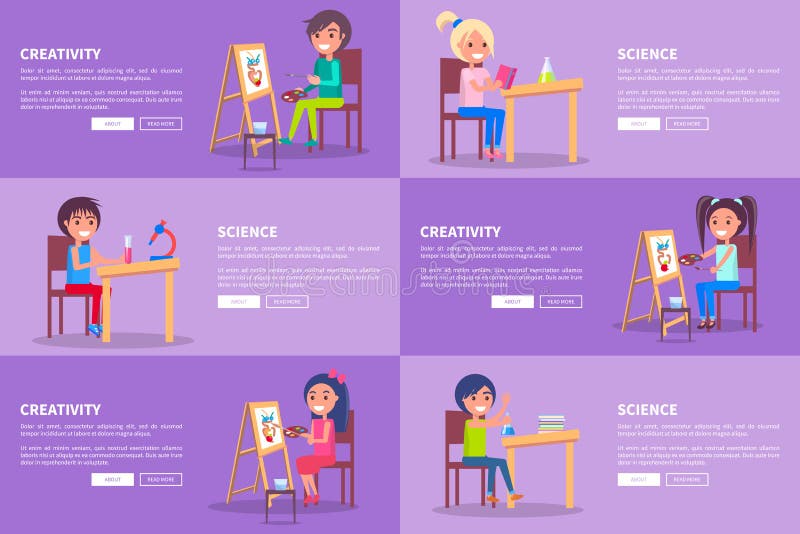 Science Creativity Posters Set with Girl and Boy Stock Vector ...