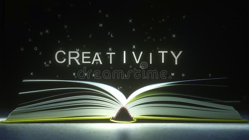 CREATIVITY Text Made of Glowing Letters Vaporizing from Open Book. 3D ...