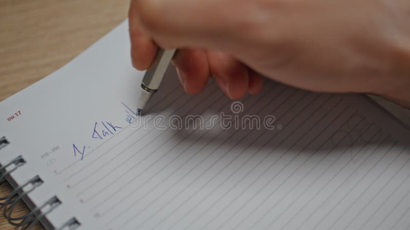 Creator Fingers Writing Notebook at Table Workplace Closeup. Man Hands ...