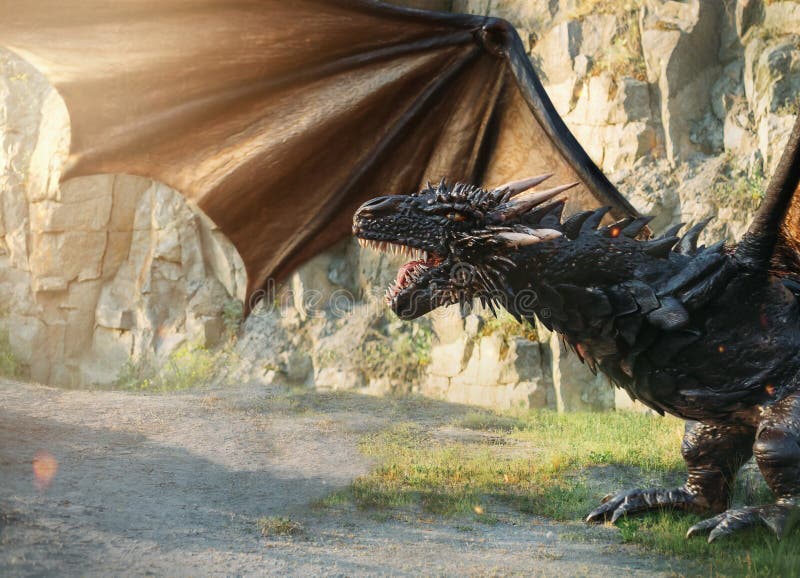 Creature with Big Strong Wings and Powerful Paws. he Opens Terrible ...