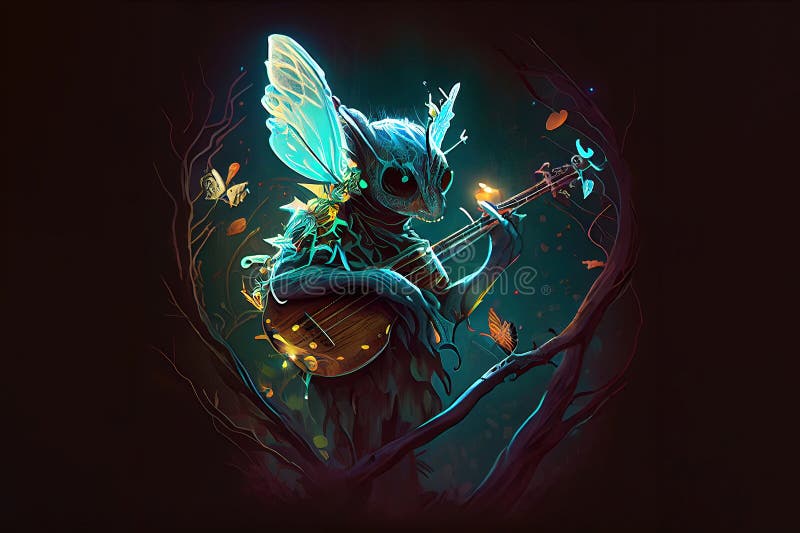 Creature with Branch Head Playing Magic Banjo String Instrument. Stock ...