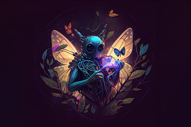 Creature with Branch Head Playing Magic Banjo String Instrument. Stock ...