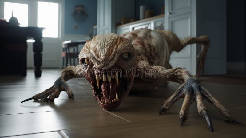 Hyper-realistic Creature Walking through Room: a Death Strike Pose ...