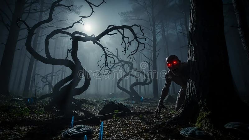A Shadowy Figure with Piercing Red Eyes Hides within a Dark and ...
