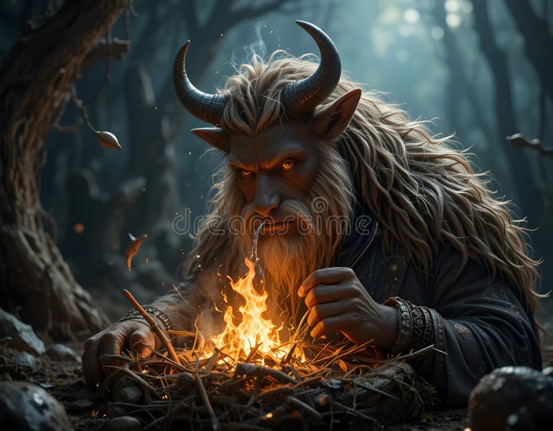 Creature Tending Campfire in a Mystical Forest Setting at Night Stock ...