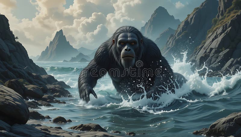 Creature Wading in Ocean Water with Mountain Landscape Backdrop Stock ...