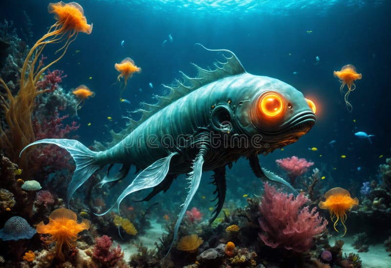 Creatures in the Deep Ocean. Generative AI Stock Illustration ...