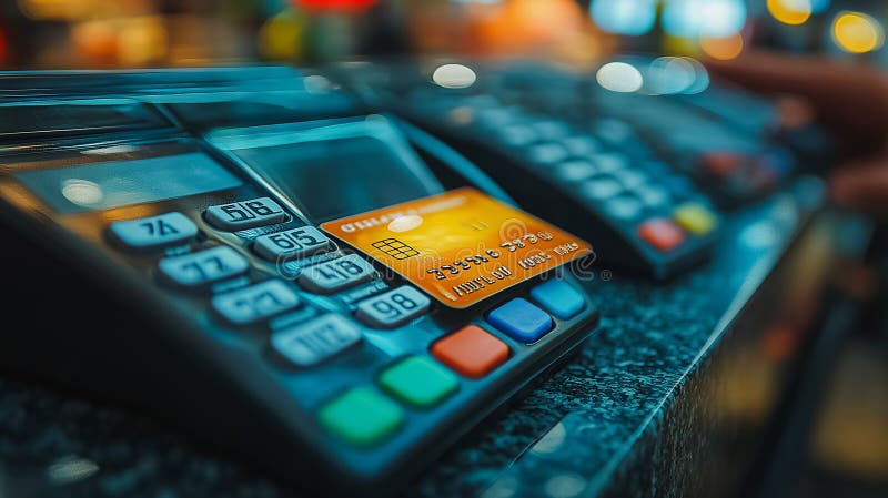 A Credit Card is Being Inserted into a Machine. the Machine Has a Green ...