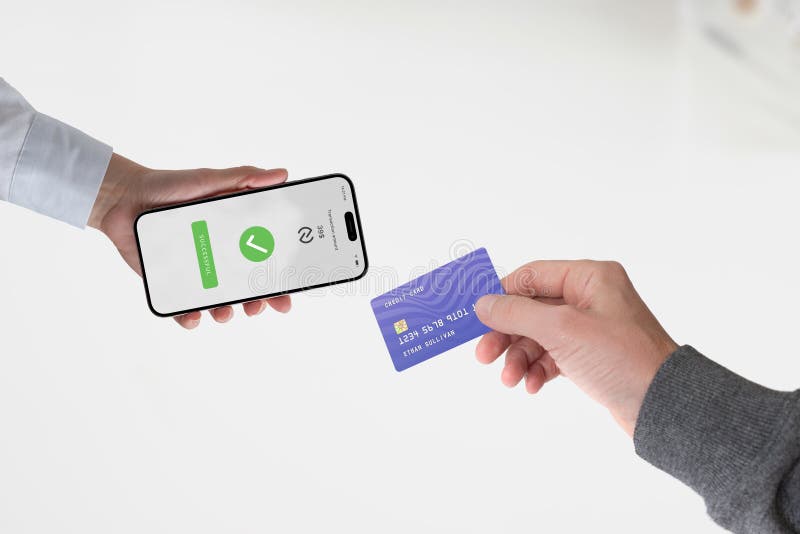 Credit Card Completing Payment on a Smartphone Held by a Vendor, with ...