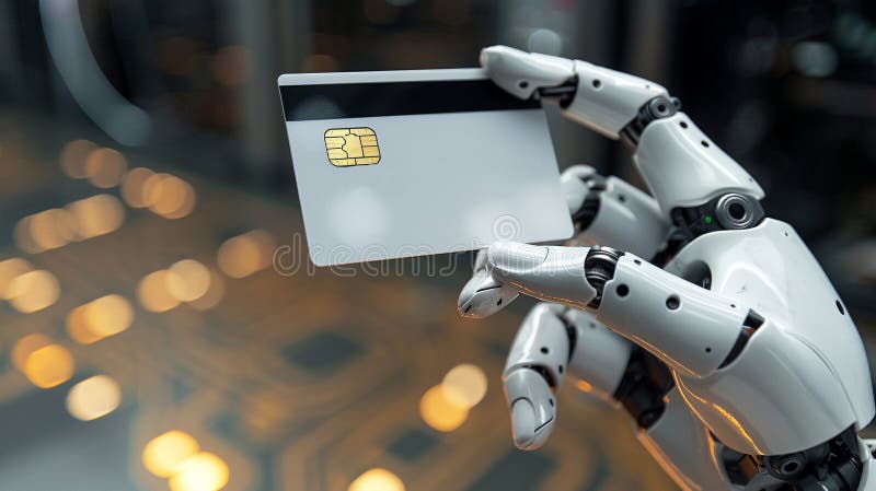 A Credit Card in the Hand of a Robot Against a Scene of Technology. AI ...