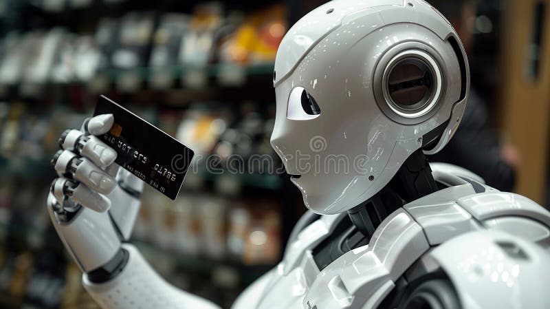 A Credit Card is Held by a Robotic Hand Against a Technological ...