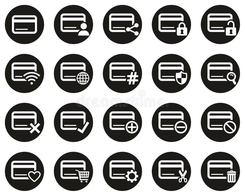 Credit Card Icons White on Black Flat Design Circle Set Big Stock ...