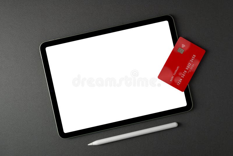 Credit Card Lying on Tablet with Blank Screen on Dark Gray Table Stock ...
