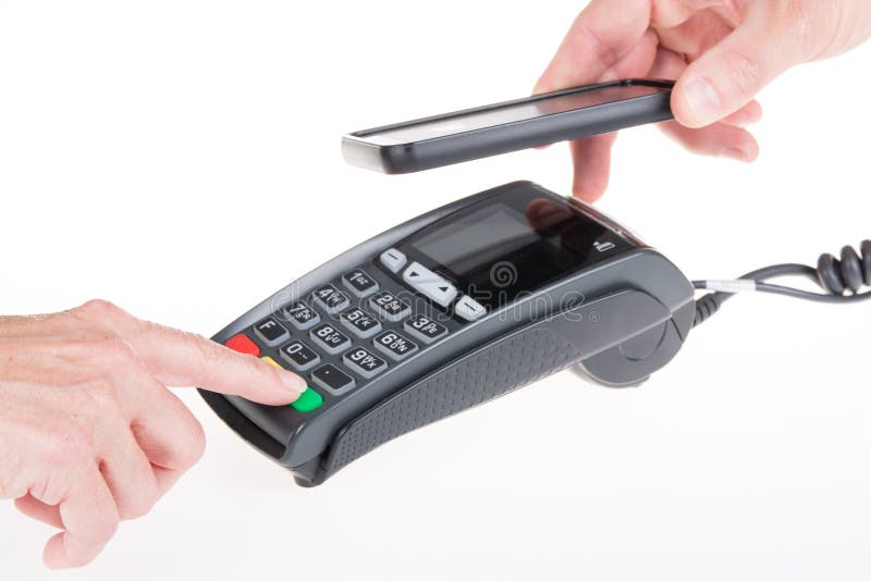 Credit Card Machine with Code Reader in Smart Mobile Phone, Stock Photo ...