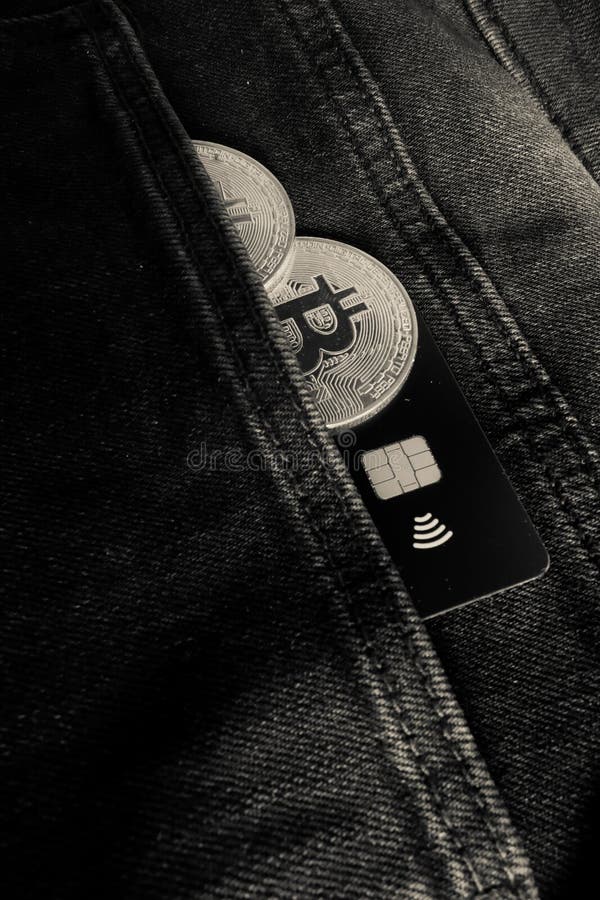 Credit Card Next To Two Bitcoin Physical Coins Inside a Black Jeans ...